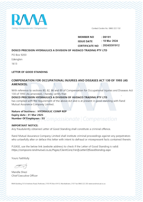 Certifications - Dosco Hydraulics